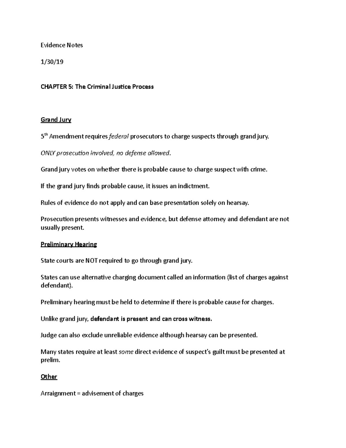 Evidence Notes 5 - Evidence Notes 1/30/19 CHAPTER 5: The Criminal ...