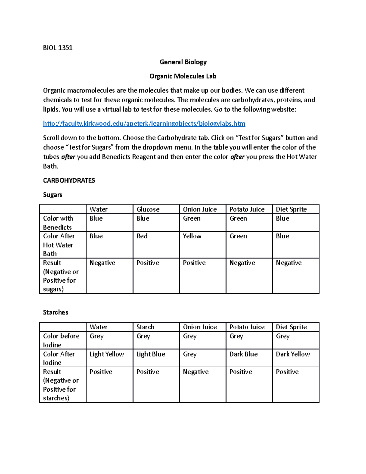 Organic+Molecules+Lab - BIOL 1351 General Biology Organic Molecules Lab ...
