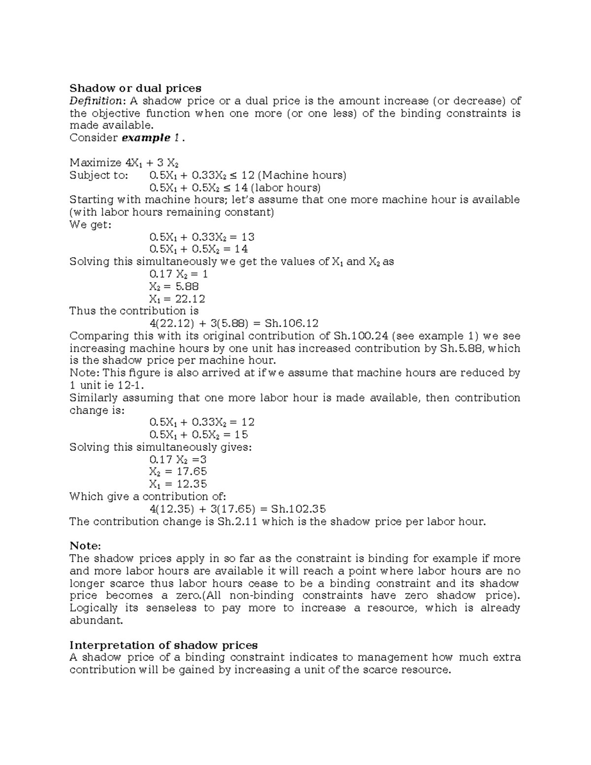 Shadow or dual prices - OTHERS - Shadow or dual prices Definition: A ...