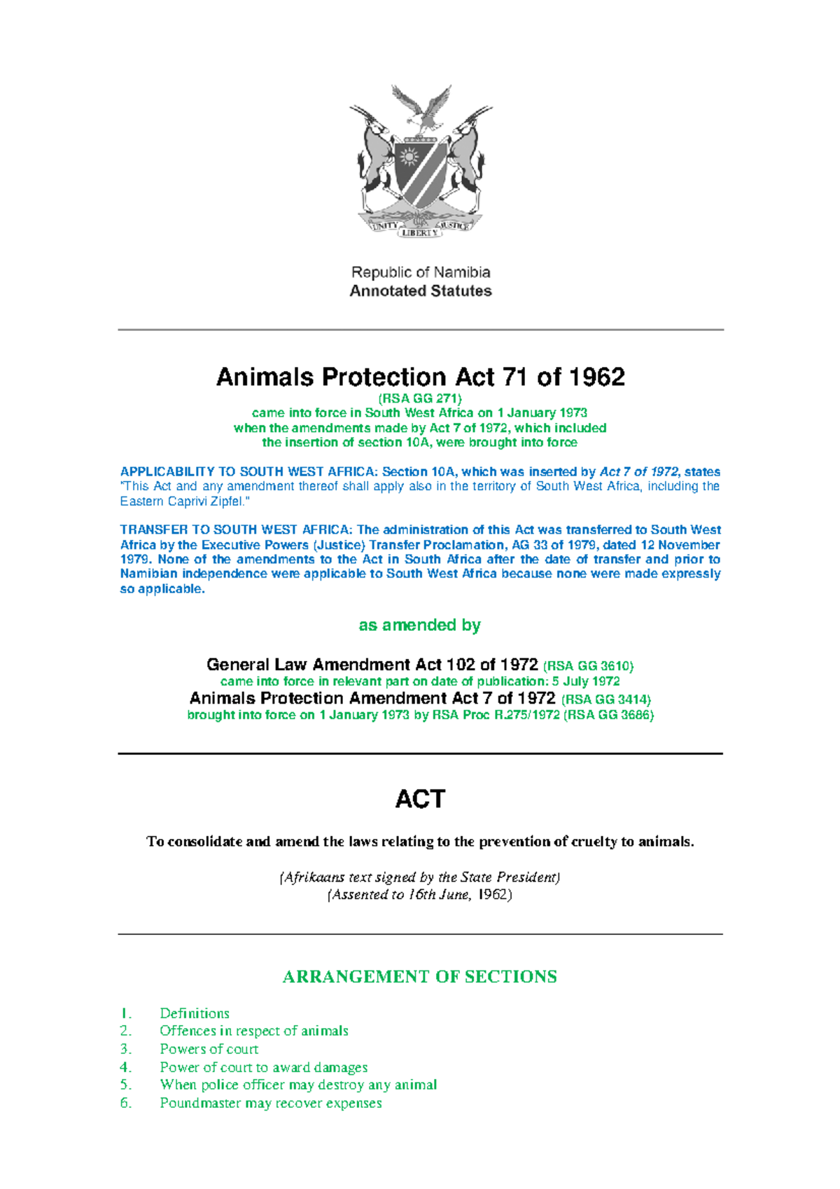 Animals (1962) - Animals Protection Act 71 of 1962 (annotated ...
