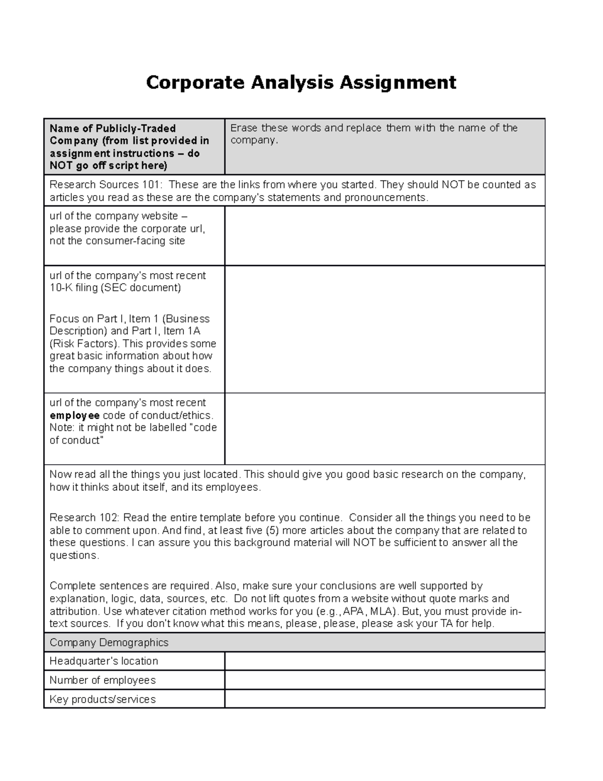 Corporate Analysis Template, F22 - Corporate Analysis Assignment Name ...