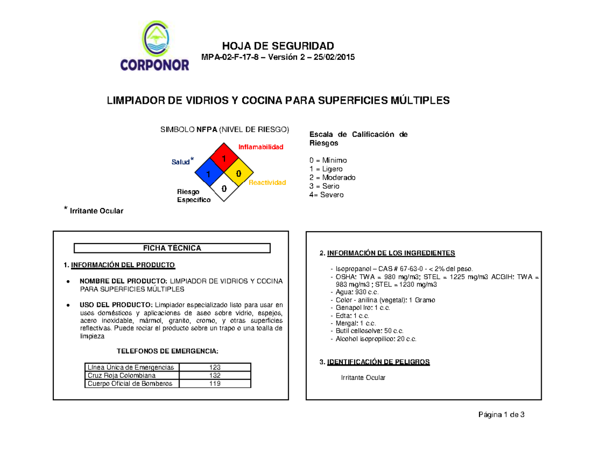 8 - eqwe - HOJA DE SEGURIDAD MPA-02-F-17-8 – Versión 2 – 25/02/ Página ...