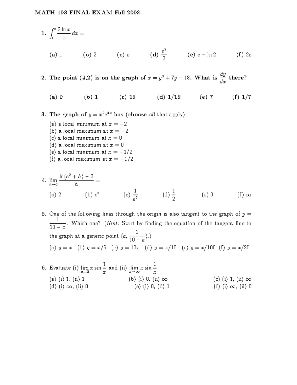 103F03short - Finals Practice Questions - MATH 103 FINAL EXAM Fall 2003 ...