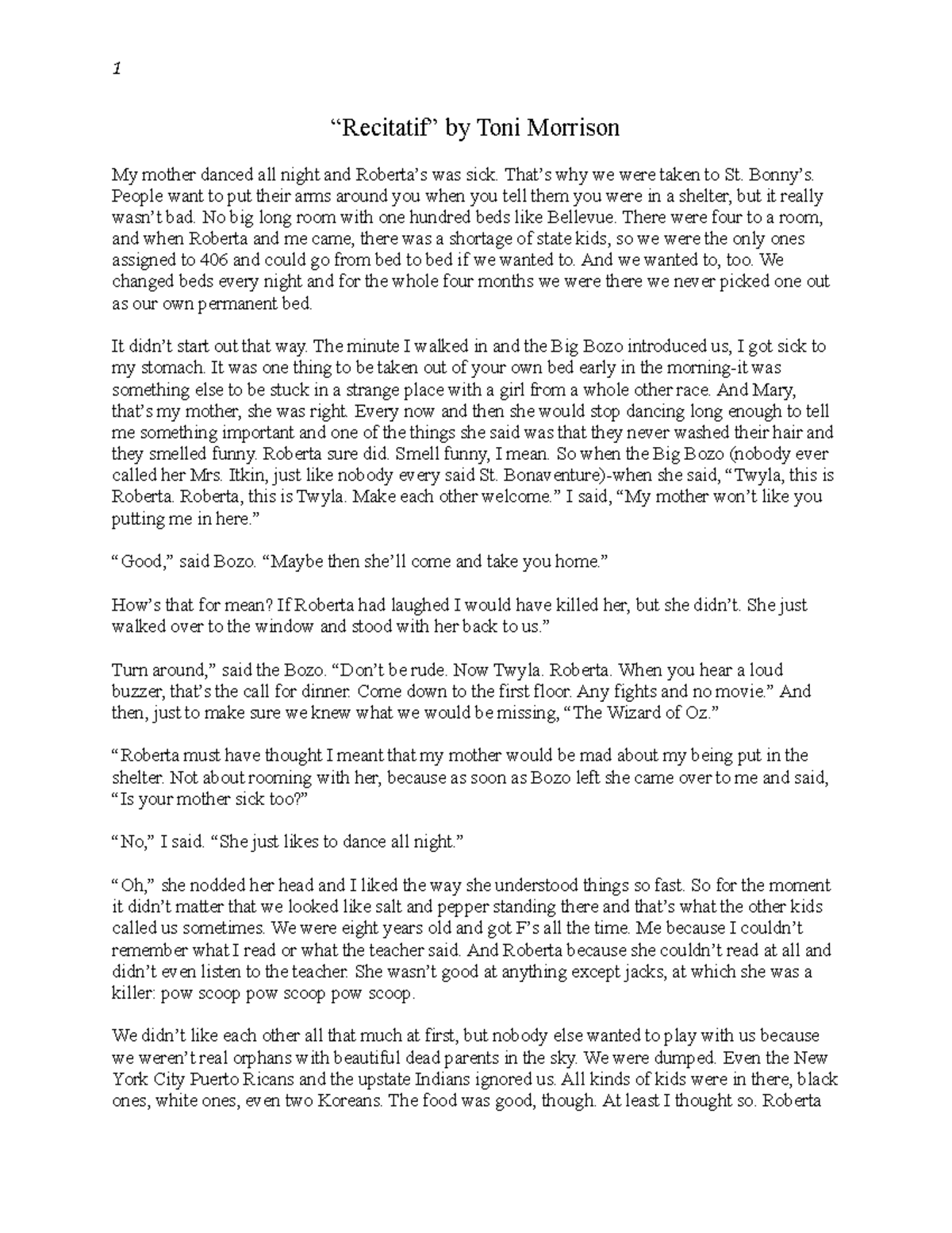 Toni Morrison - Recitatif (Word Version) - “Recitatif” by Toni Morrison ...