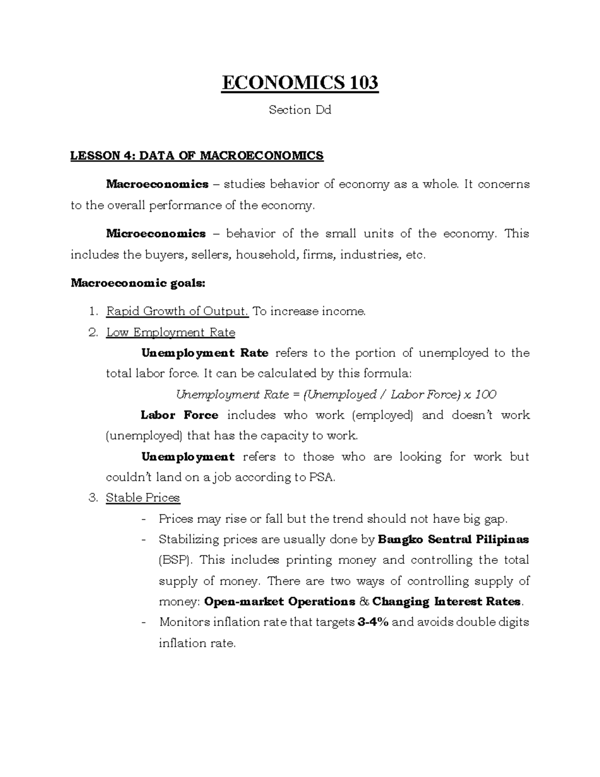 Economics 103 Handouts - ECONOMICS 103 Section Dd LESSON 4: DATA OF ...