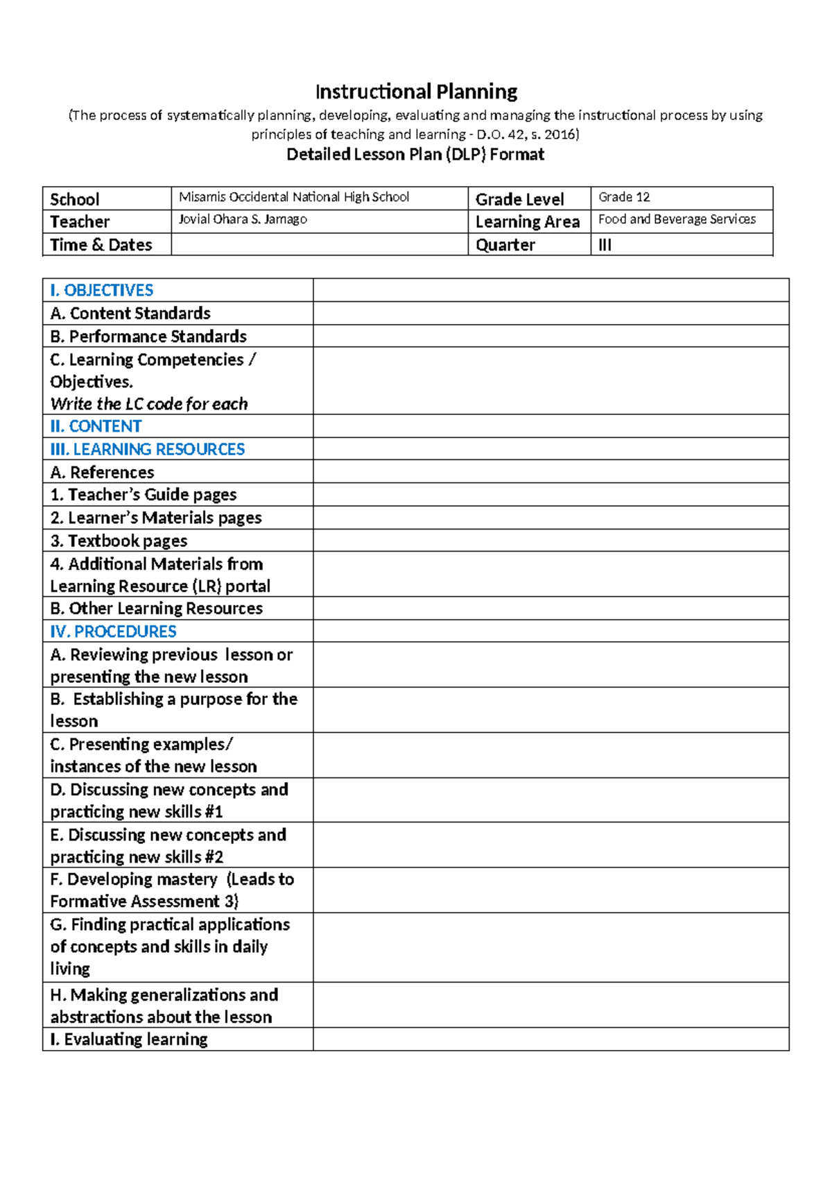 DLP FBS1 - Daily lesson plan - Instructional Planning (The process of ...