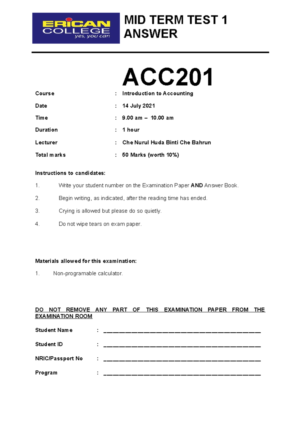 Mid Term Test 1 ACC201 Introduction to Accounting Answer - MID TERM ...