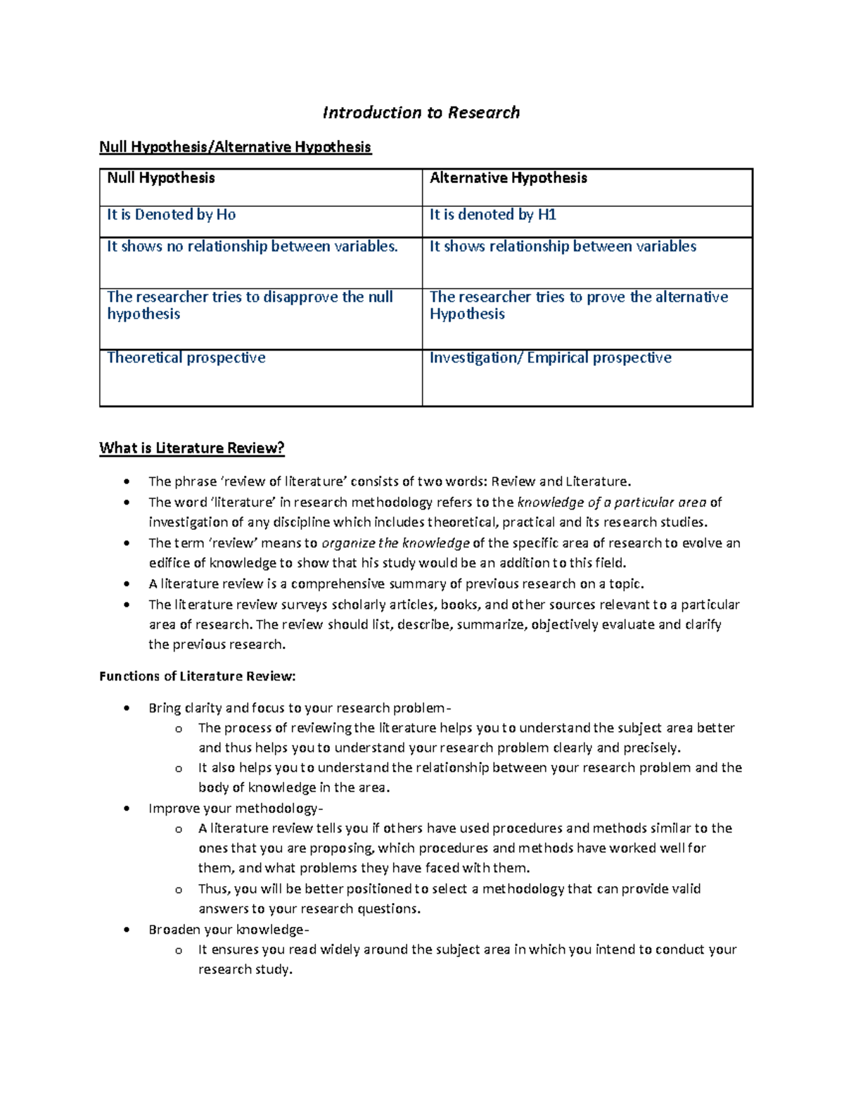 Research notes - Introduction to Research Null Hypothesis/Alternative ...