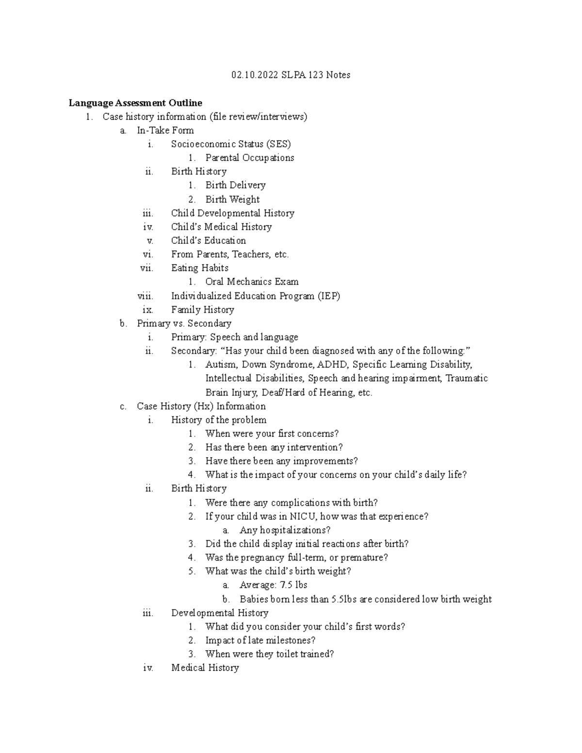 2.10.2022 Language Assessment Outline SLPA 123 Notes - 02.10 SLPA 123 ...