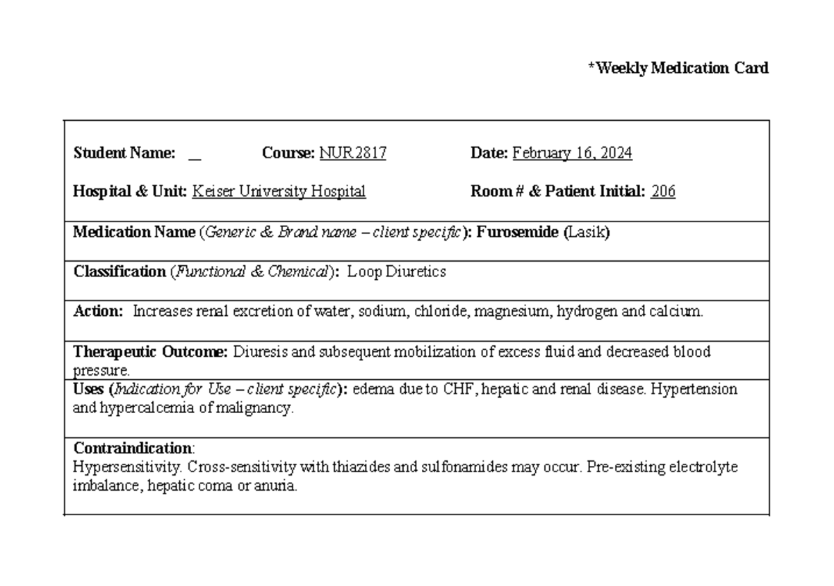 Weekly Medication Card furosemide - *Weekly Medication Card Student ...