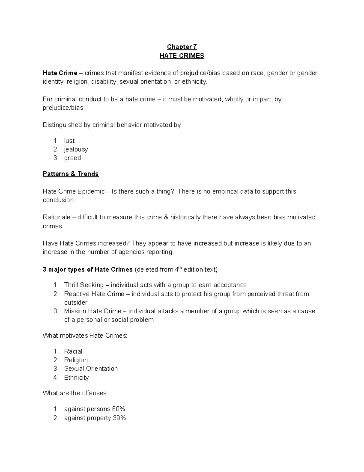 CCJ Chapter 7, 8, and 9 Notes Part 1 - Chapter 7 HATE CRIMES Hate Crime ...