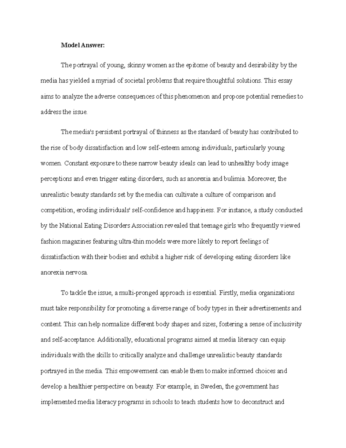 Ilets Model ANswer - Model Answer: The portrayal of young, skinny women ...