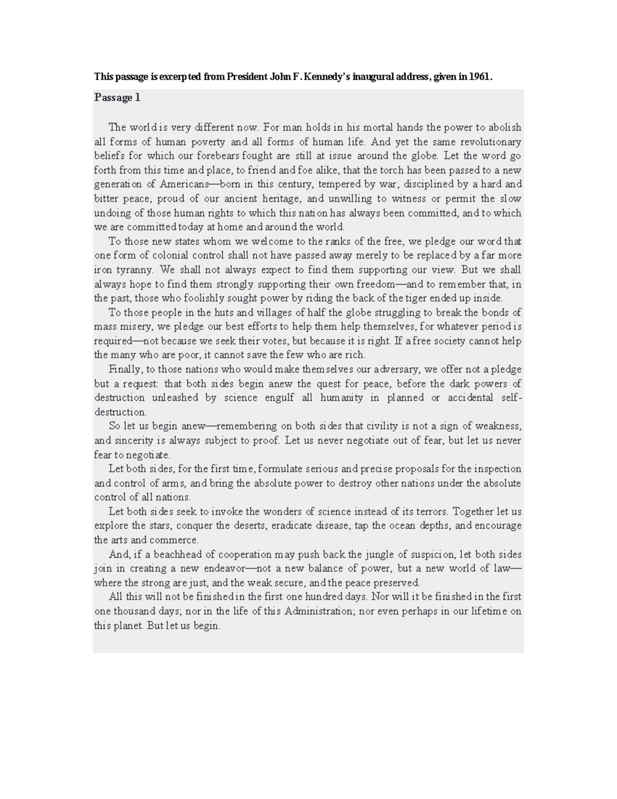 Example passage - This passage is excerpted from President John F ...