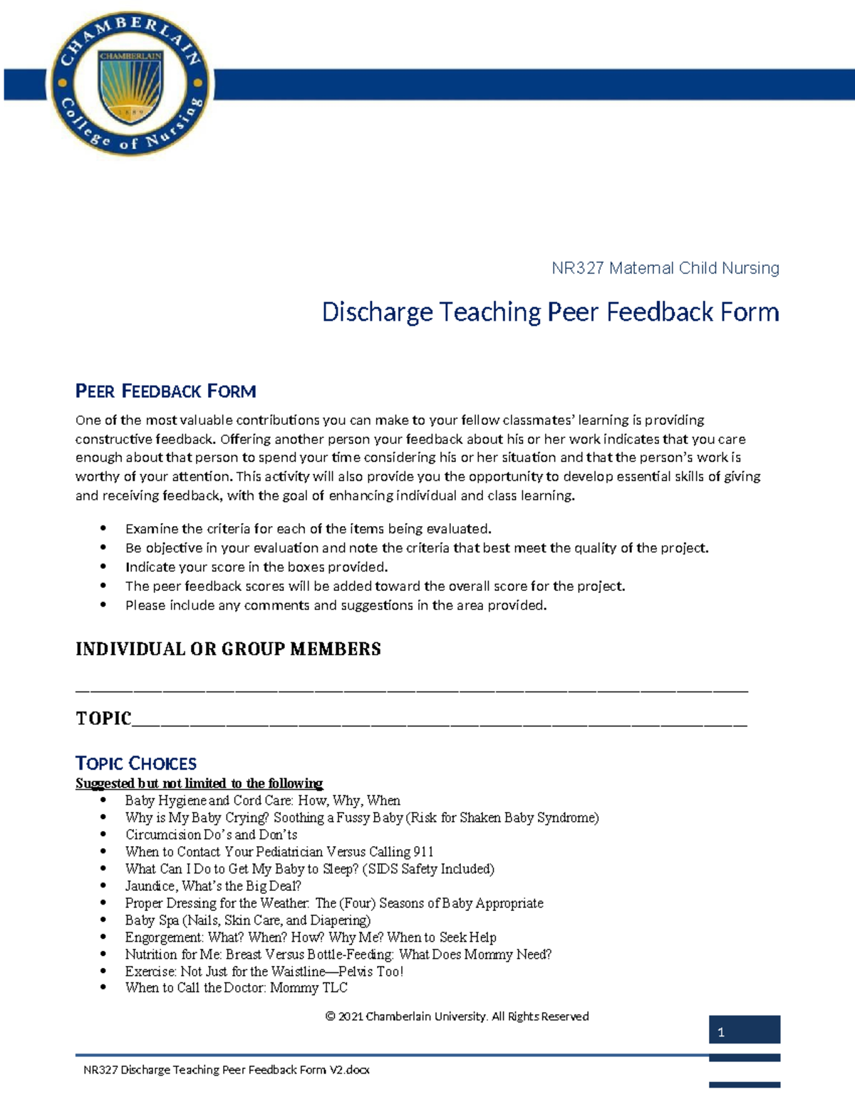 NR327 Discharge Teaching Peer Feedback Form V2 327OX - 1 NR327 Maternal ...