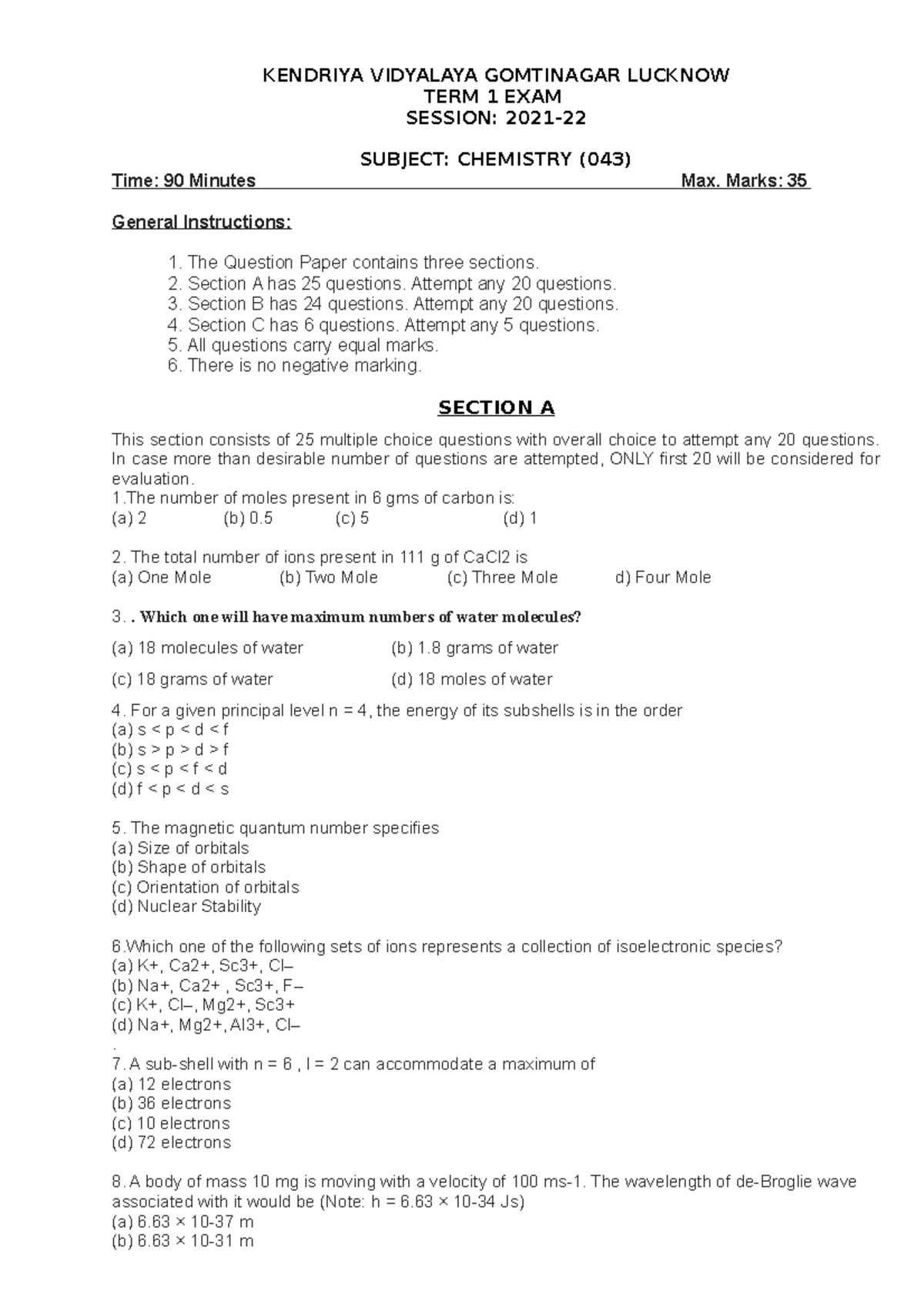 TERM 1- XI Chemistry - COMPUTER SCIENCE HOMEWORK - KENDRIYA VIDYALAYA ...