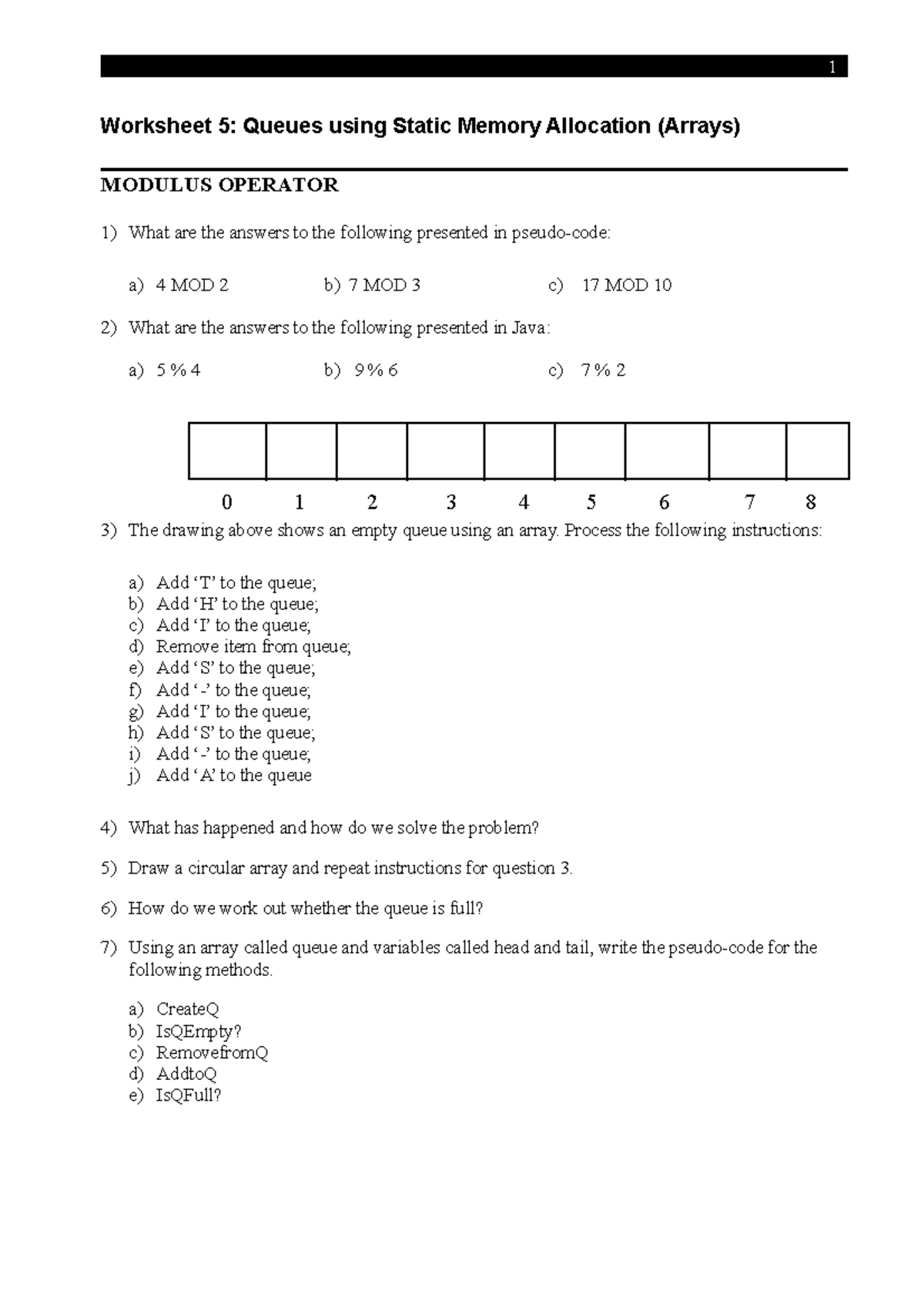 Worksheet 5 Queues with arrays - 1 Worksheet 5: Queues using Static ...