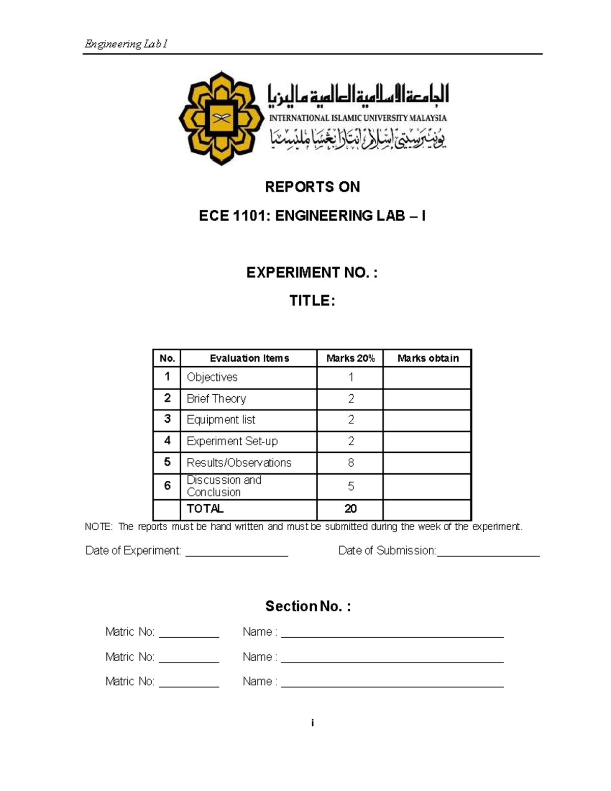 ECE1101Lab Manual S1 1516 - i REPORTS ON ECE 1101: ENGINEERING LAB – I EXPERIMENT NO. : TITLE ...