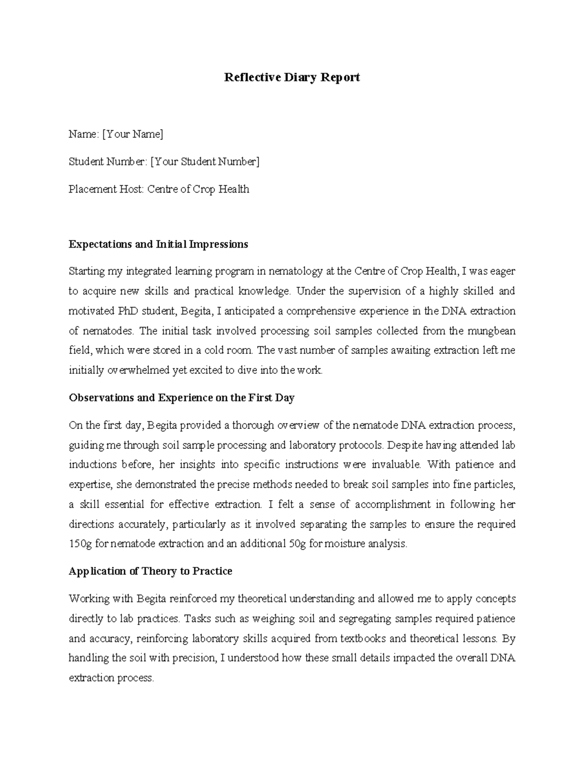 Reflective Diary Report - Reflective Diary Report Name: [Your Name ...