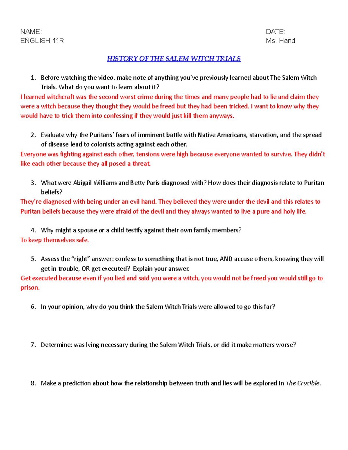 History of Salem Witch Trials - NAME: DATE: ENGLISH 11R Ms. Hand ...