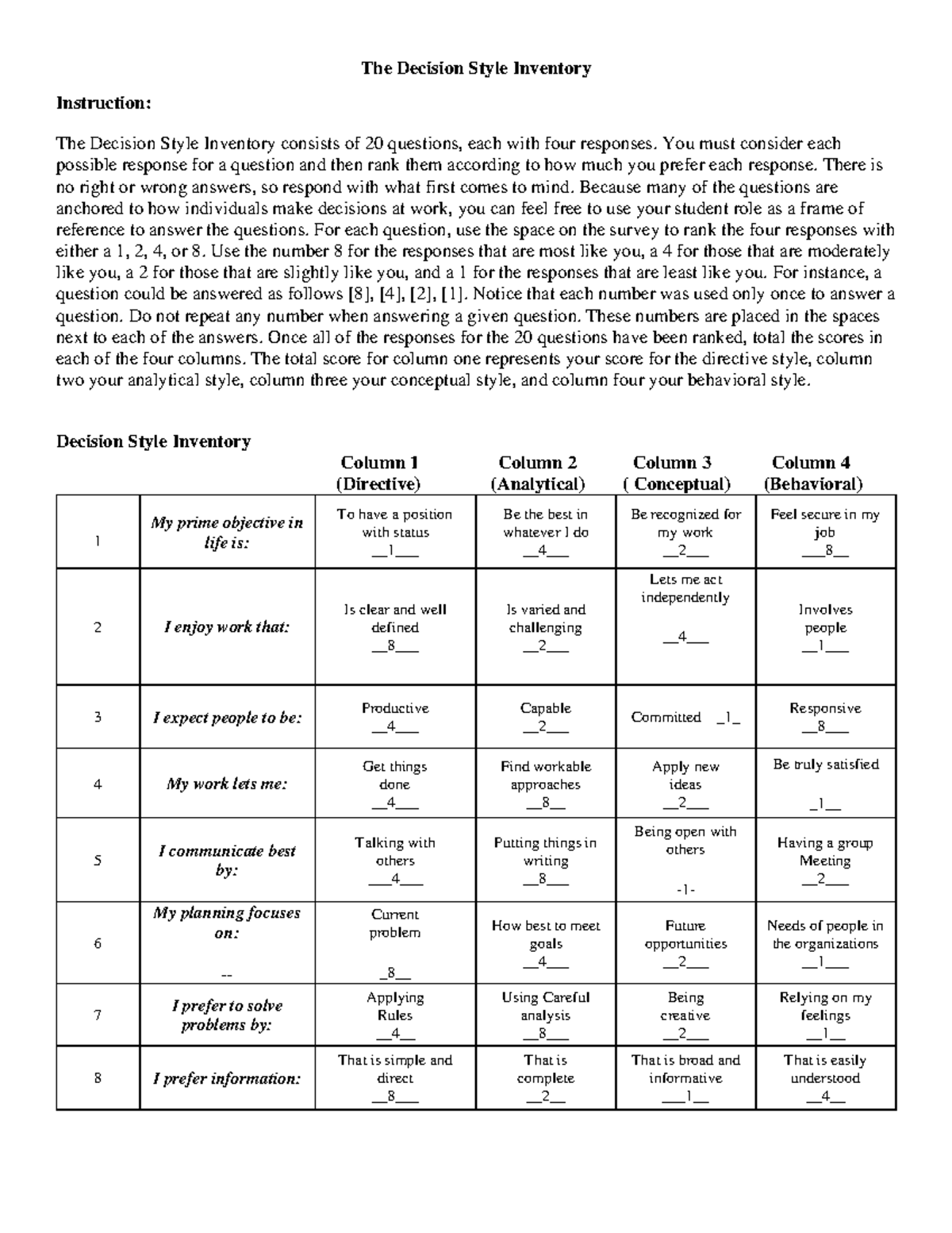 The Decision Style Inventory - The Decision Style Inventory Instruction ...