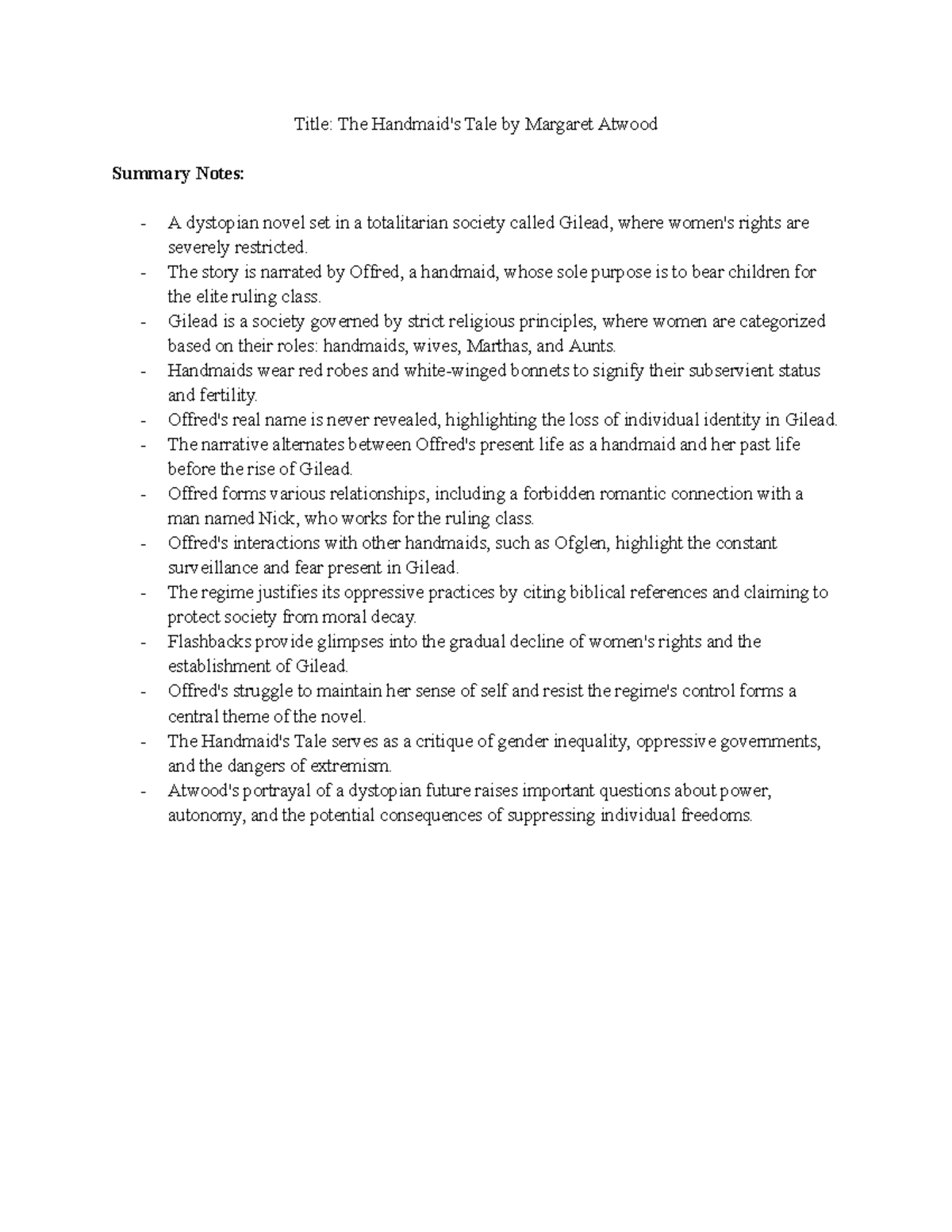 Handmaids tale (summary notes) - Google Docs - Title: The Handmaid's ...