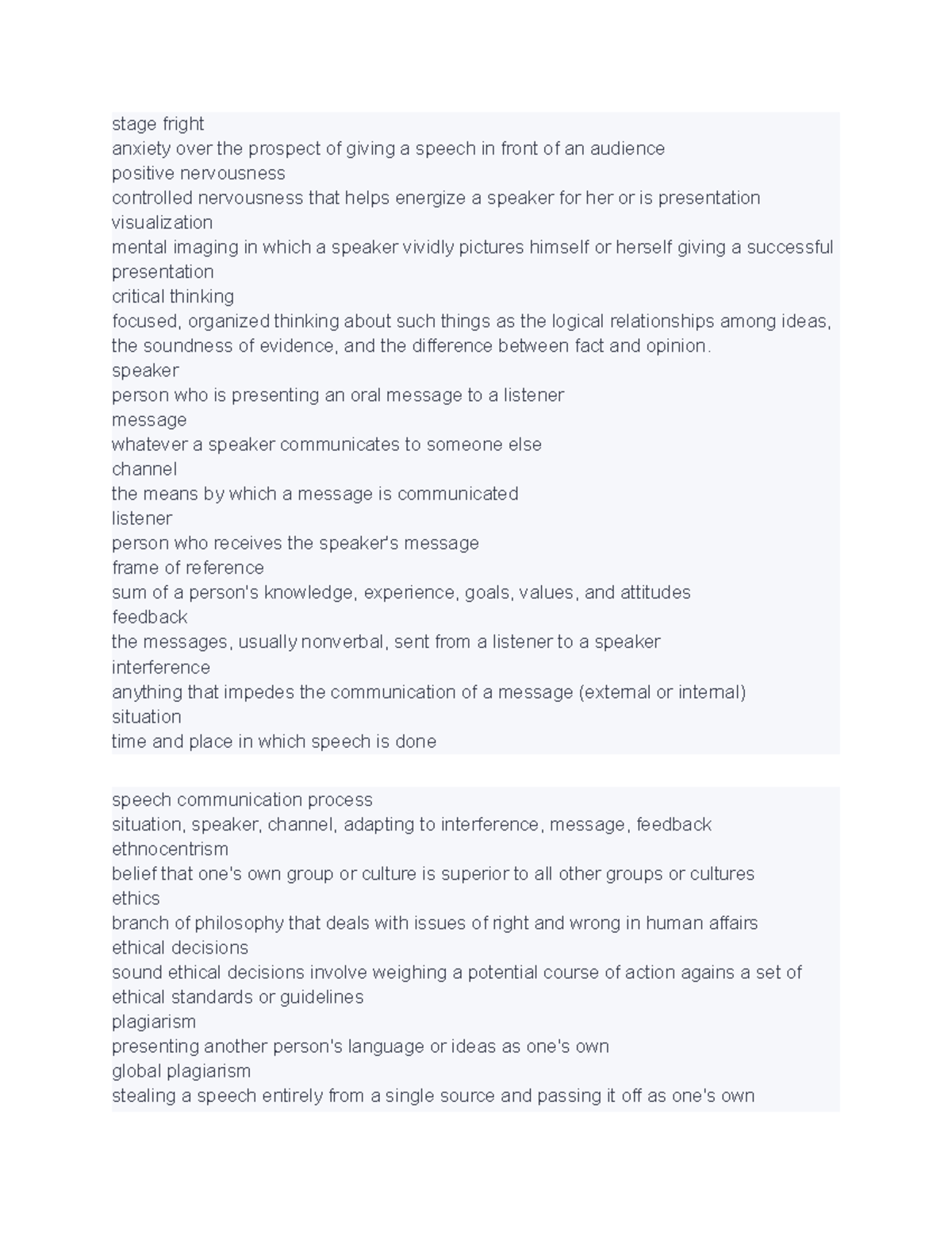 Coms 101 - Coms 101 terms - stage fright anxiety over the prospect of ...