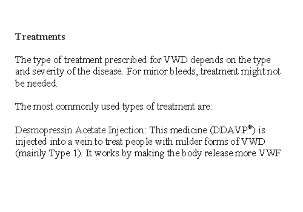 VWD treatment - note card - Treatments The type of treatment prescribed ...
