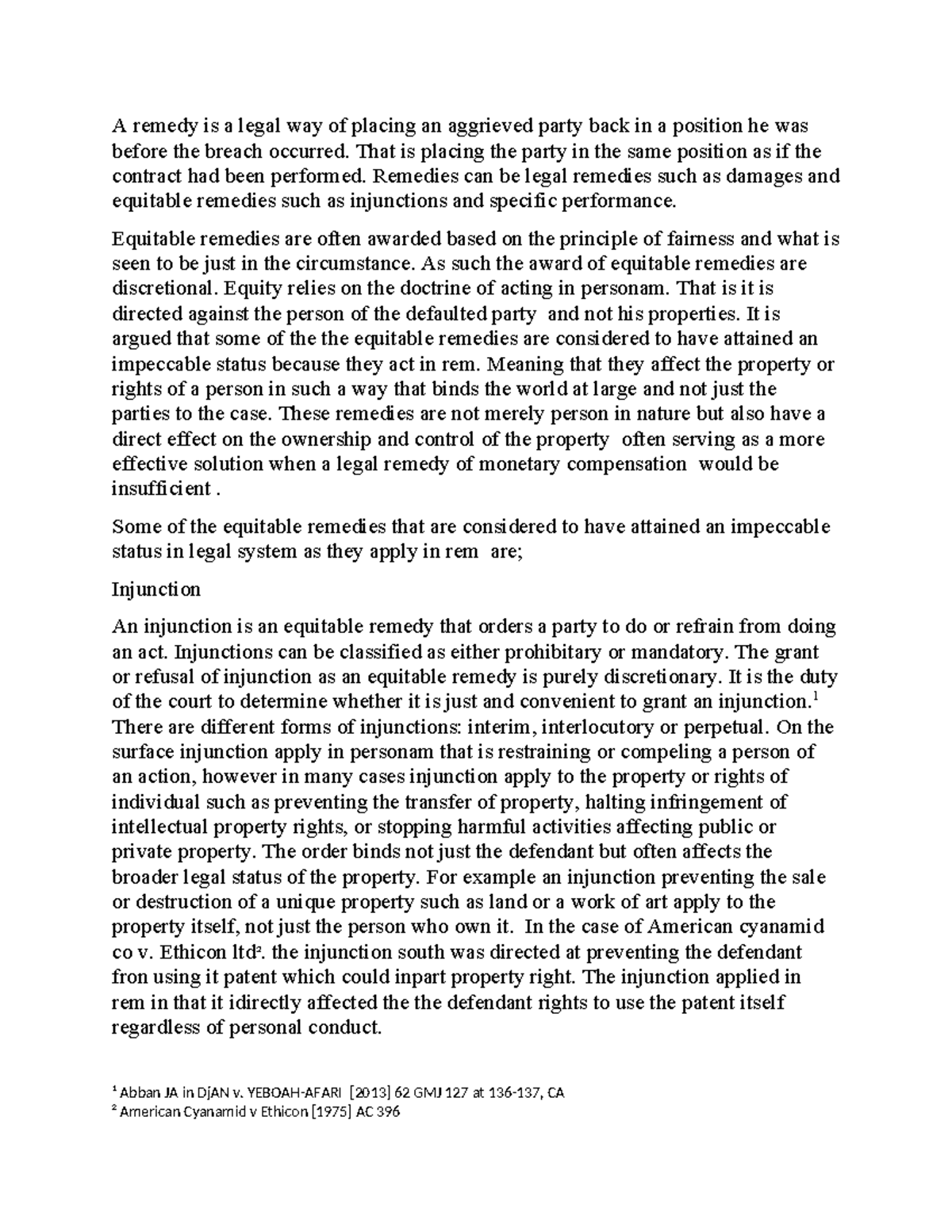 Equitable remedies doc - A remedy is a legal way of placing an ...