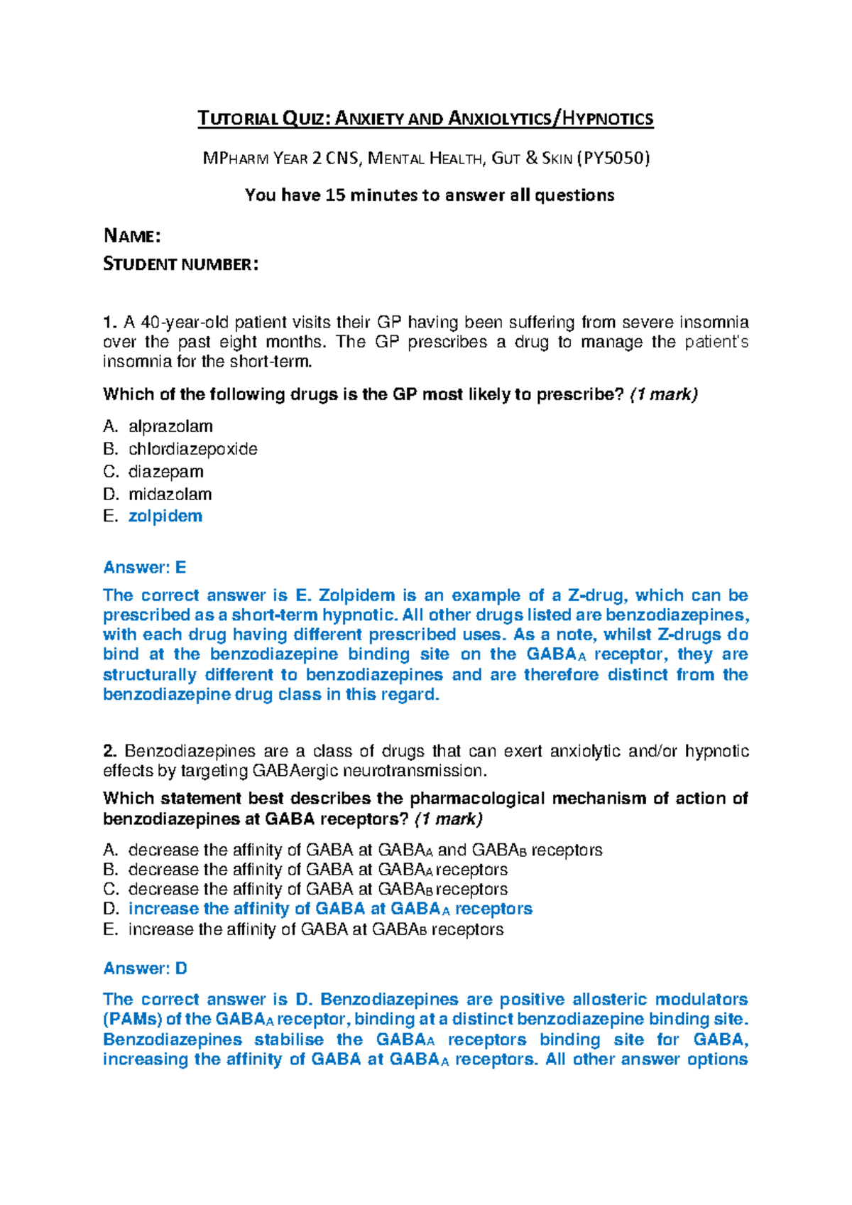 Anxiety Tutorial Quiz (Answer Explanations) - TUTORIAL QUIZ: ANXIETY ...