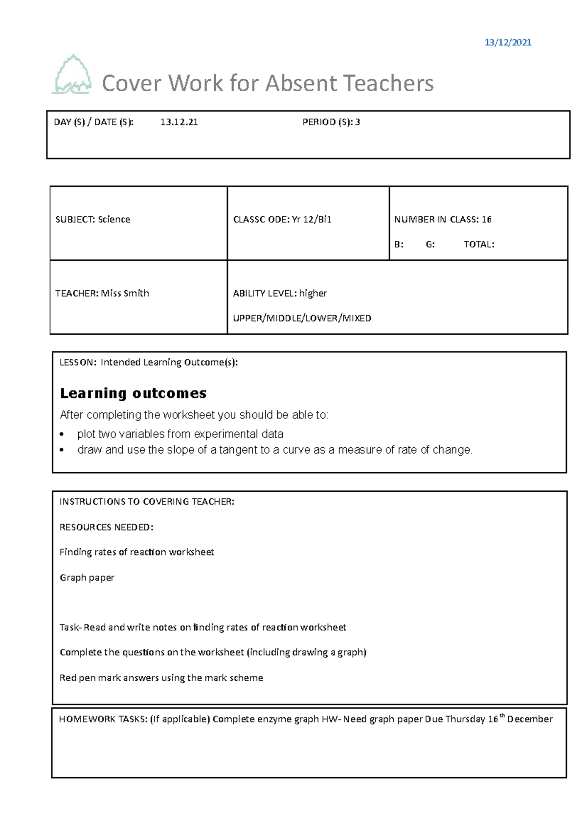 Year 12 cover - WORK - 13/12/ Cover Work for Absent Teachers SUBJECT ...