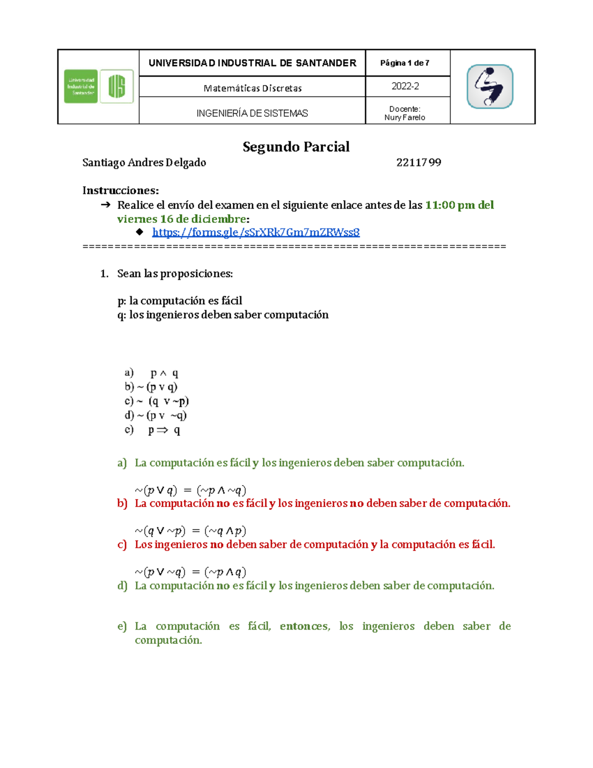 Segundo Parcial Matemáticas Discretas Matemáticas Discretas 2022