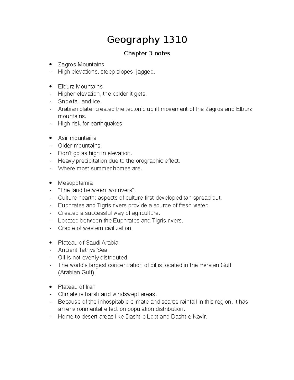 Unit 3 Geo 1310 - Brian Cooper - Geography 1310 Chapter 3 notes Zagros ...