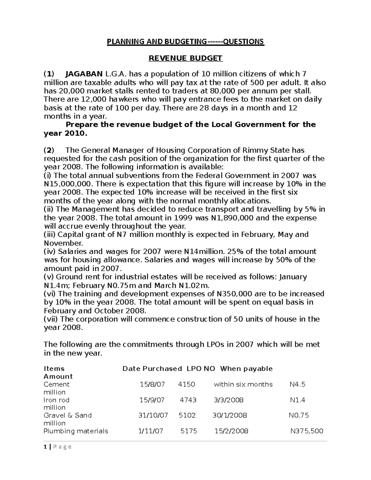 Planning AND Budgeting Questions - Financial accounting - Unilorin ...