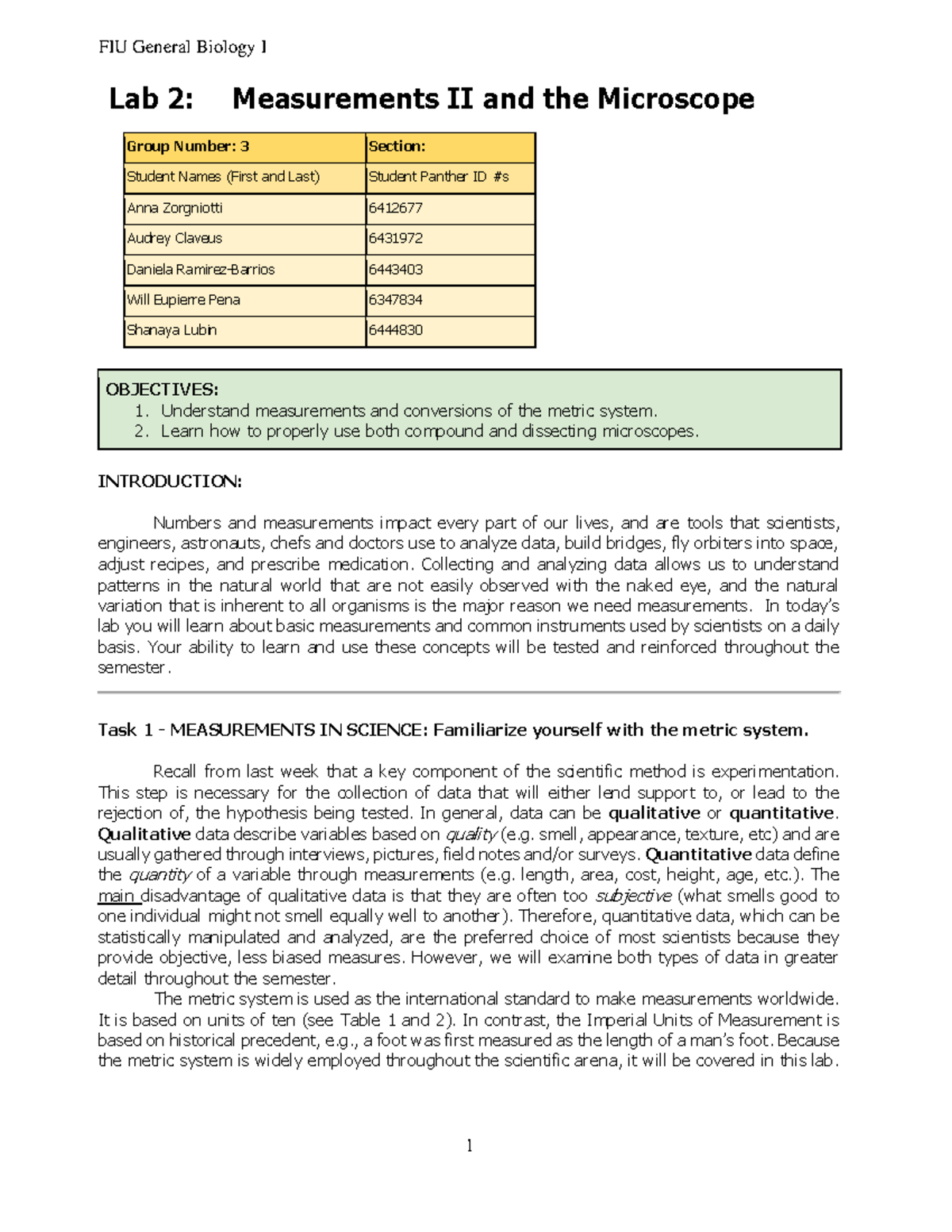 [ Student Handout] Lab 2 Measurements II and Microscopes - Lab 2: Measurements II and the ...