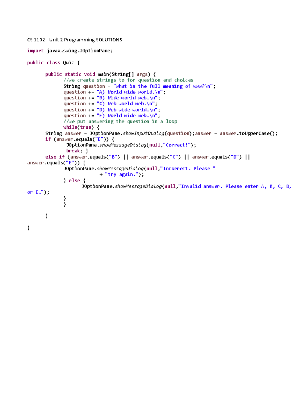 Cs 1102 Unit 2 Programming Solutions Cs 1102 Unit 2 Programming Solutions Import Javax