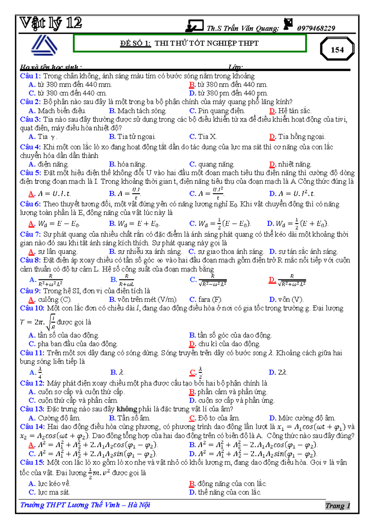 ĐỀ THI THỬ SỐ 1 - Họ và tên học sinh ...