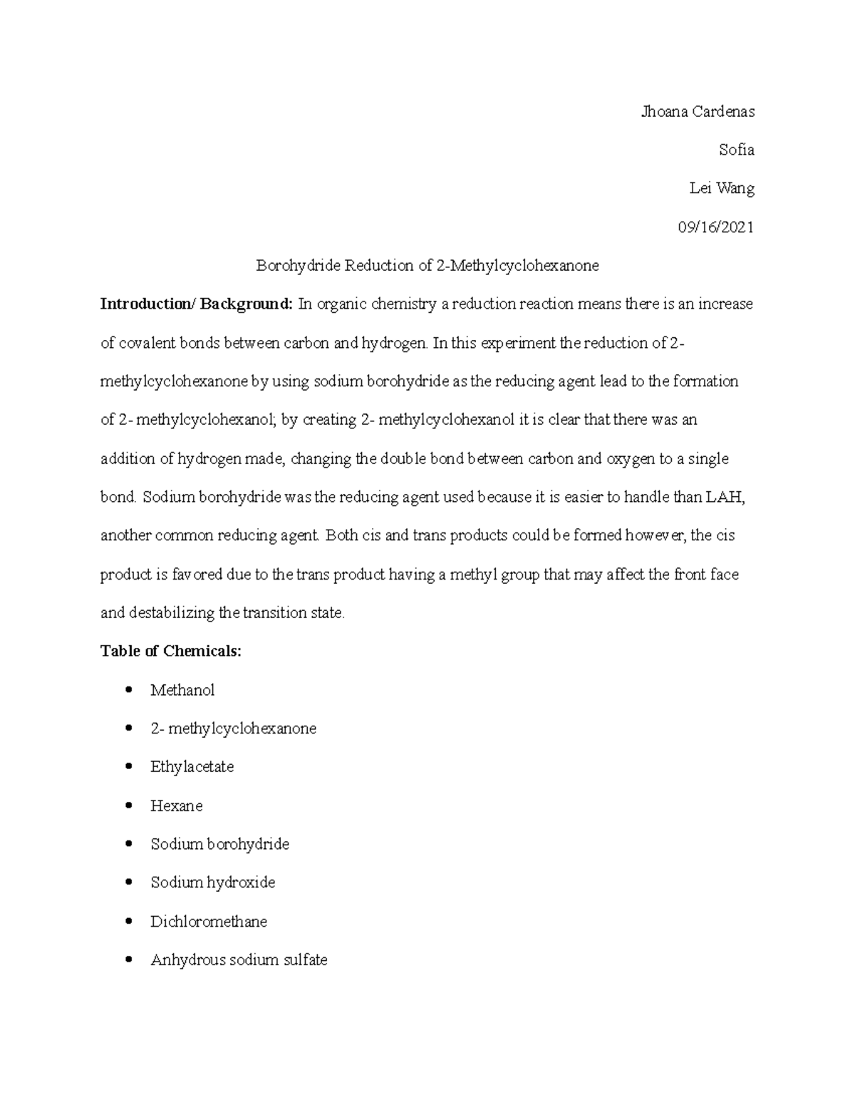 Postlab 4 Borohydride Reduction of 2-Methylcyclohexanone experiment ...