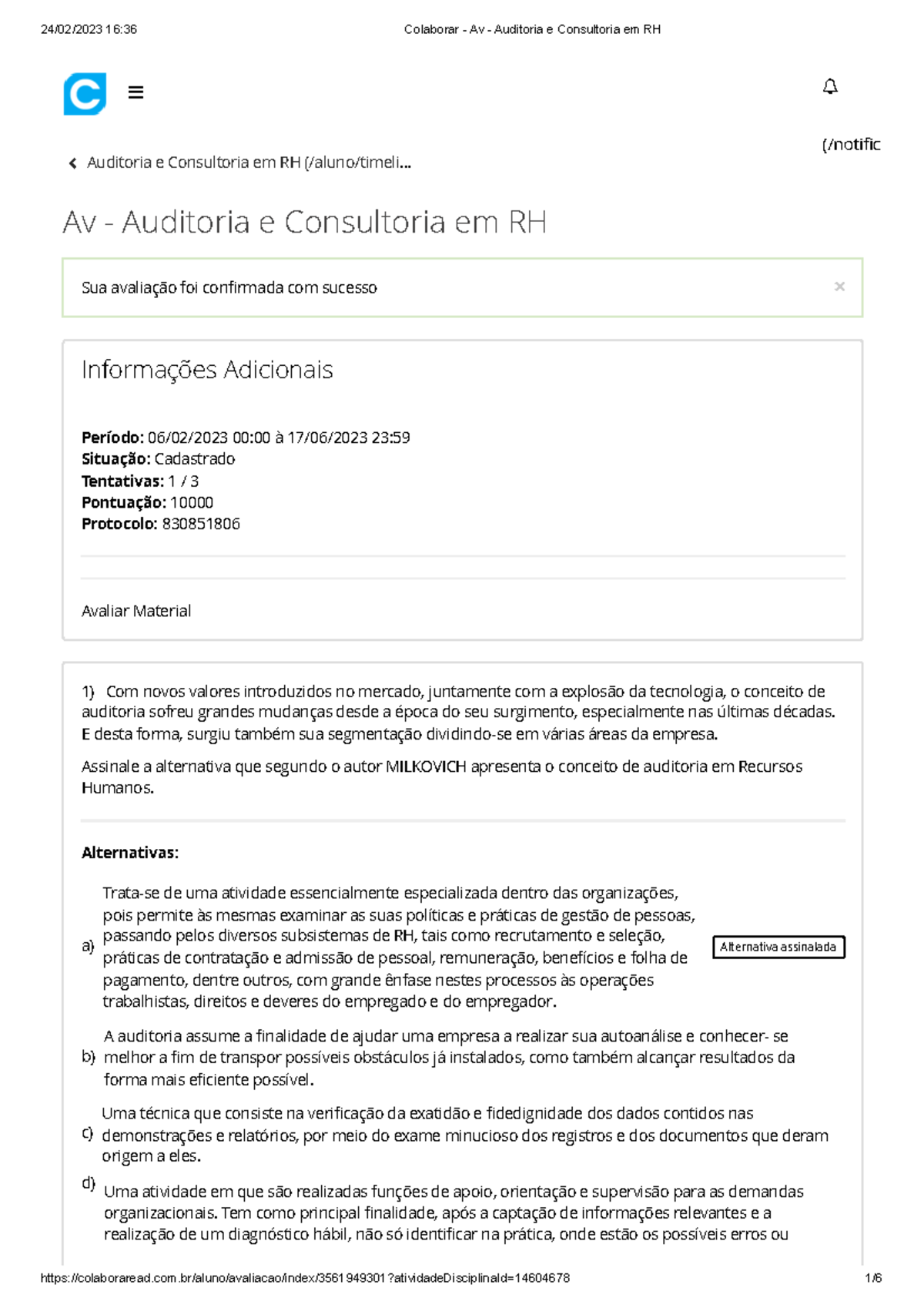 Av - Auditoria e Consultoria em RH - Auditoria e Consultoria em RH (/aluno/timeli... Av - - Studocu