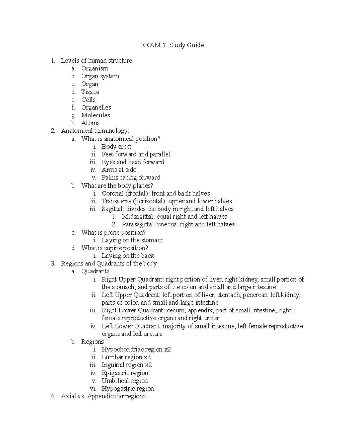 BIOL Unit 1 Study Guide - EXAM 1: Study Guide Levels of human structure ...