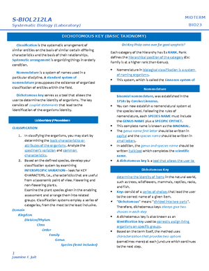 Post lab 1 and 2 - Post lab 1 and 2 - Systematics Laboratory Activity 1 Post Lab Dichotomous ...