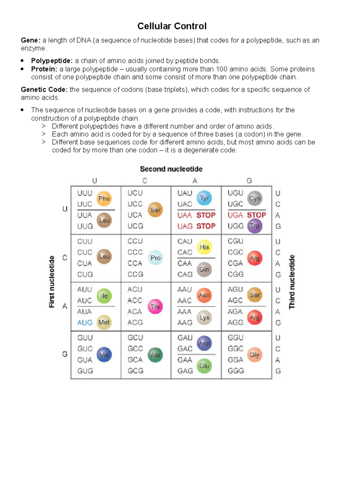Cellular Control Notes - Cellular Control Gene: a length of DNA (a ...