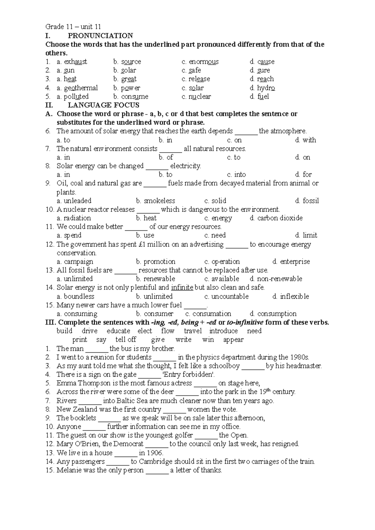 Unit 11 - Extra work - Grade 11 – unit 11 I. PRONUNCIATION Choose the ...