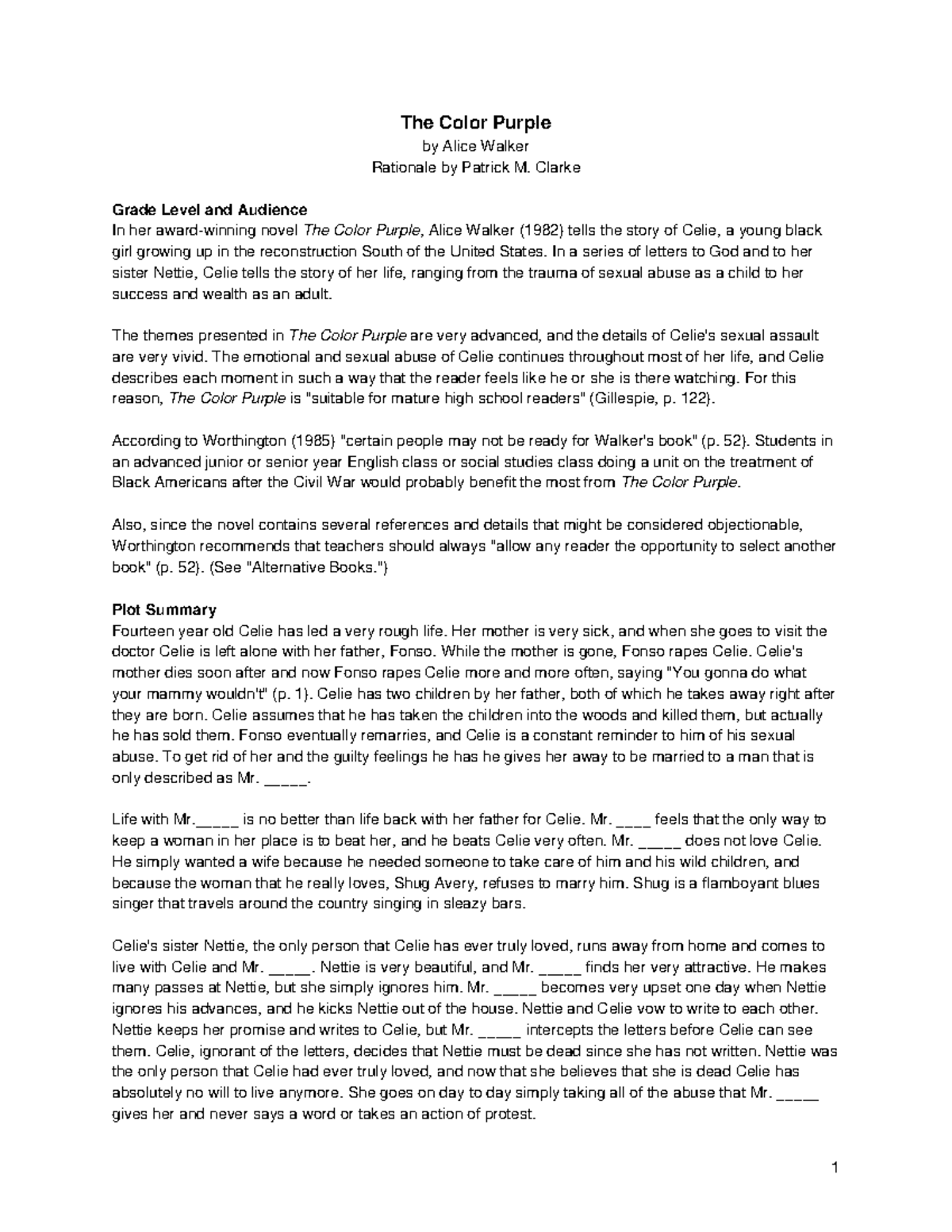 Rationale Color Purple - The Color Purple by Alice Walker Rationale by ...