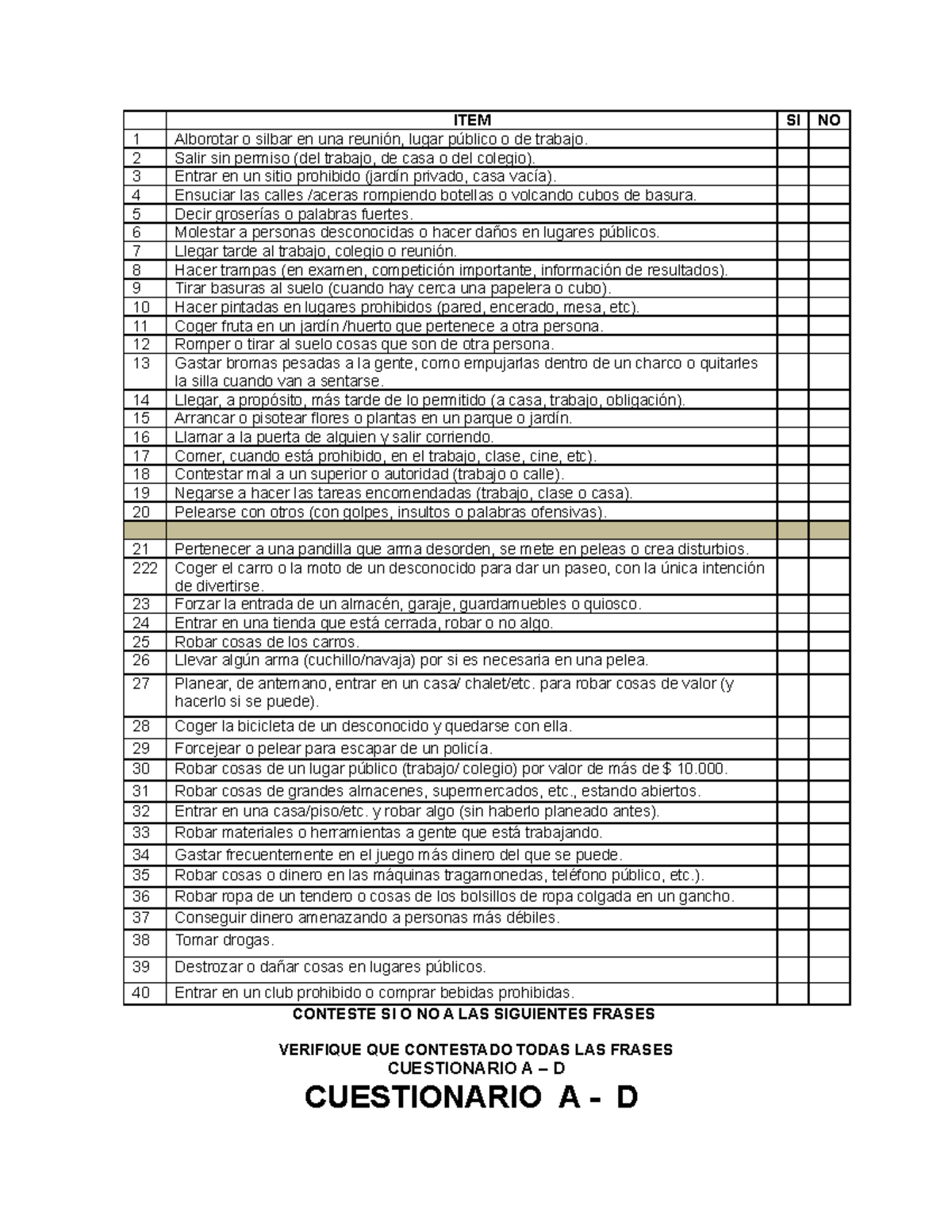 AD Colombia - 6 dedos - ITEM SI NO 1 Alborotar o silbar en una reunión ...