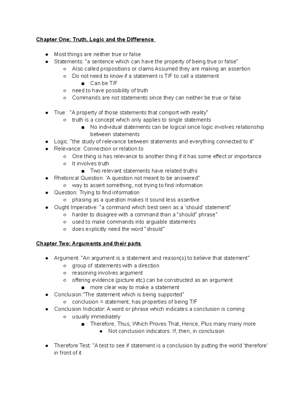Test1 Study Buddy - Test overview - Chapter One: Truth, Logic and the ...