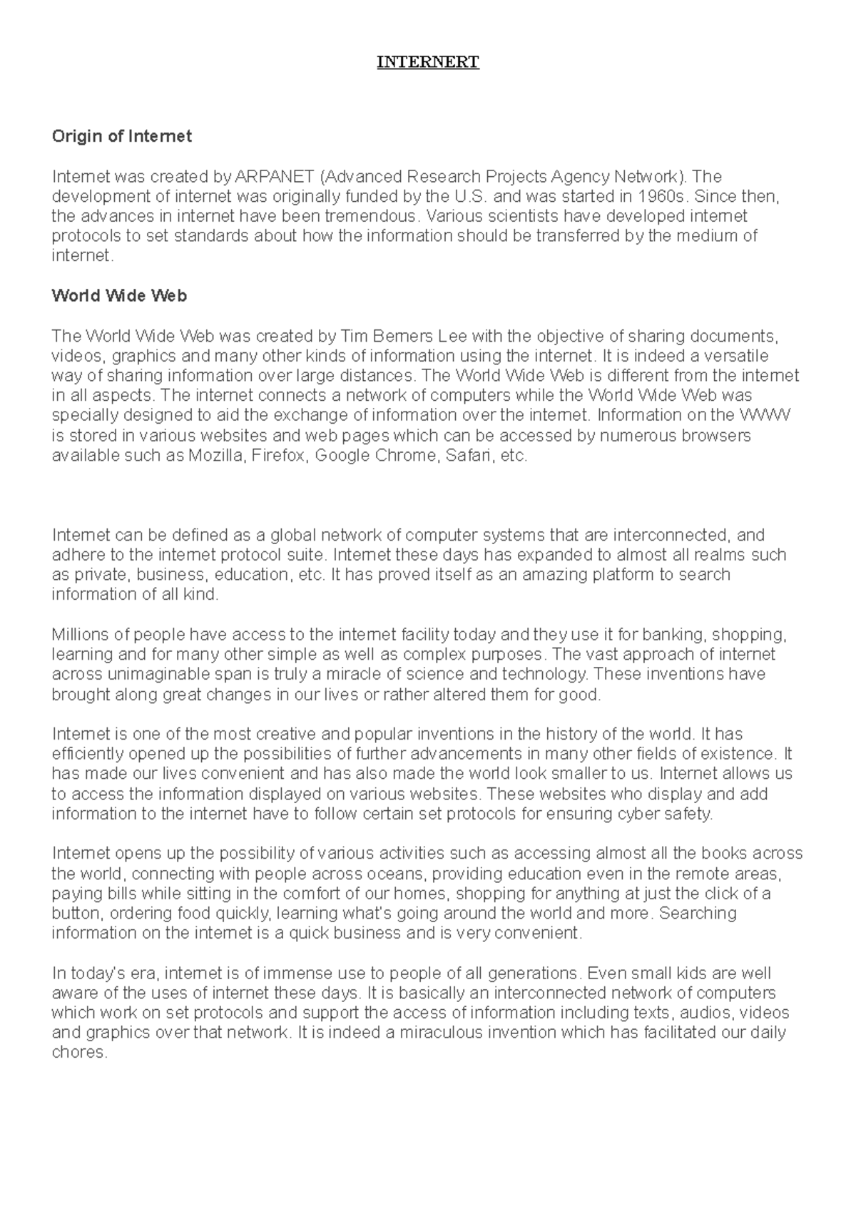 Internert Paragraph - Internet informacion en ingles - INTERNERT Origin ...
