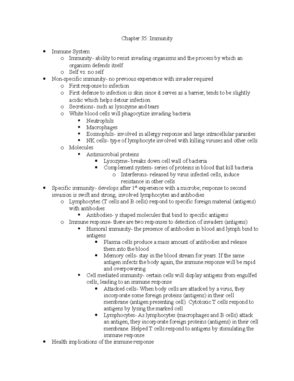 Chapter 35- Immune System - Chapter 35: Immunity Immune System o ...