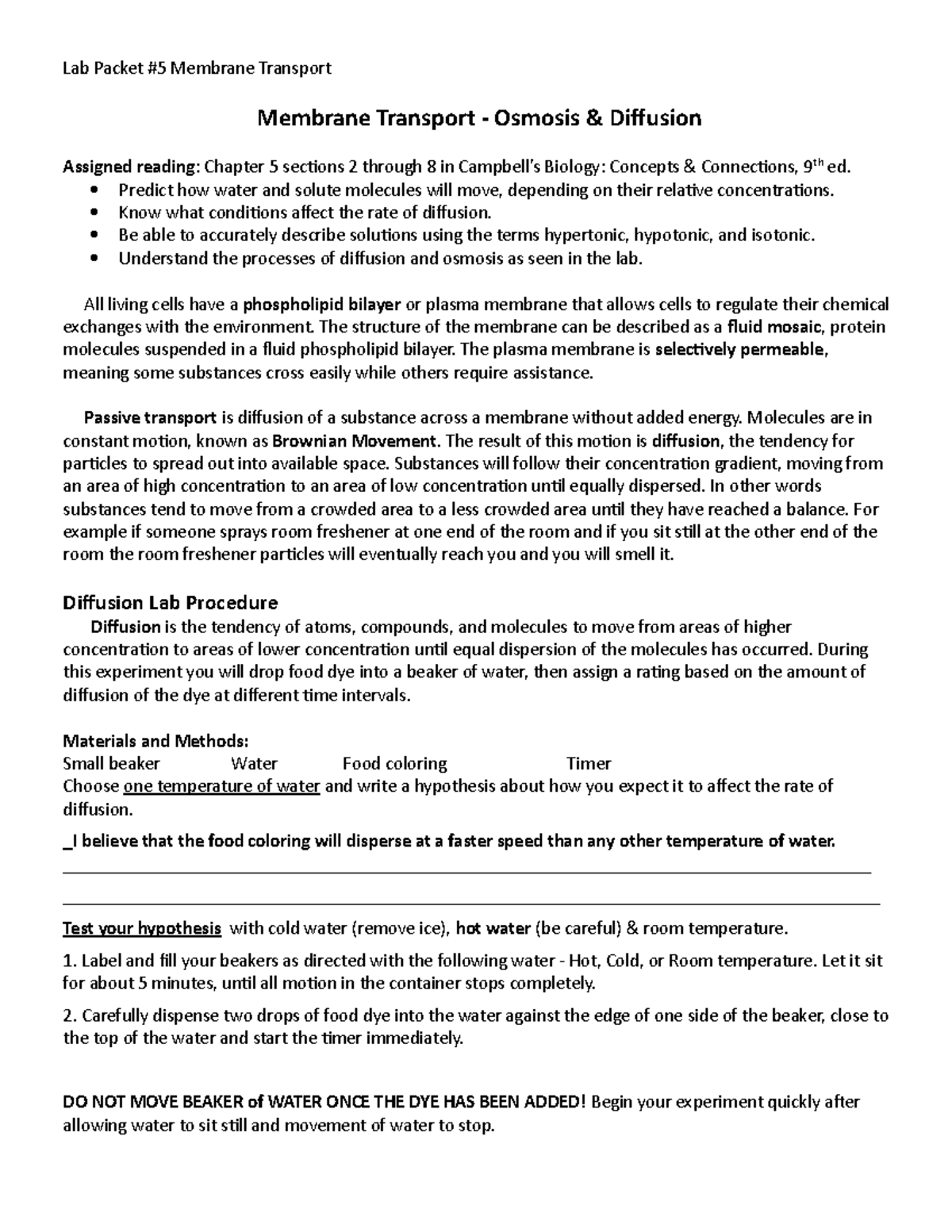 Lab - Lab Packet - Membrane Transport - Osmosis & Diffusion Assigned ...