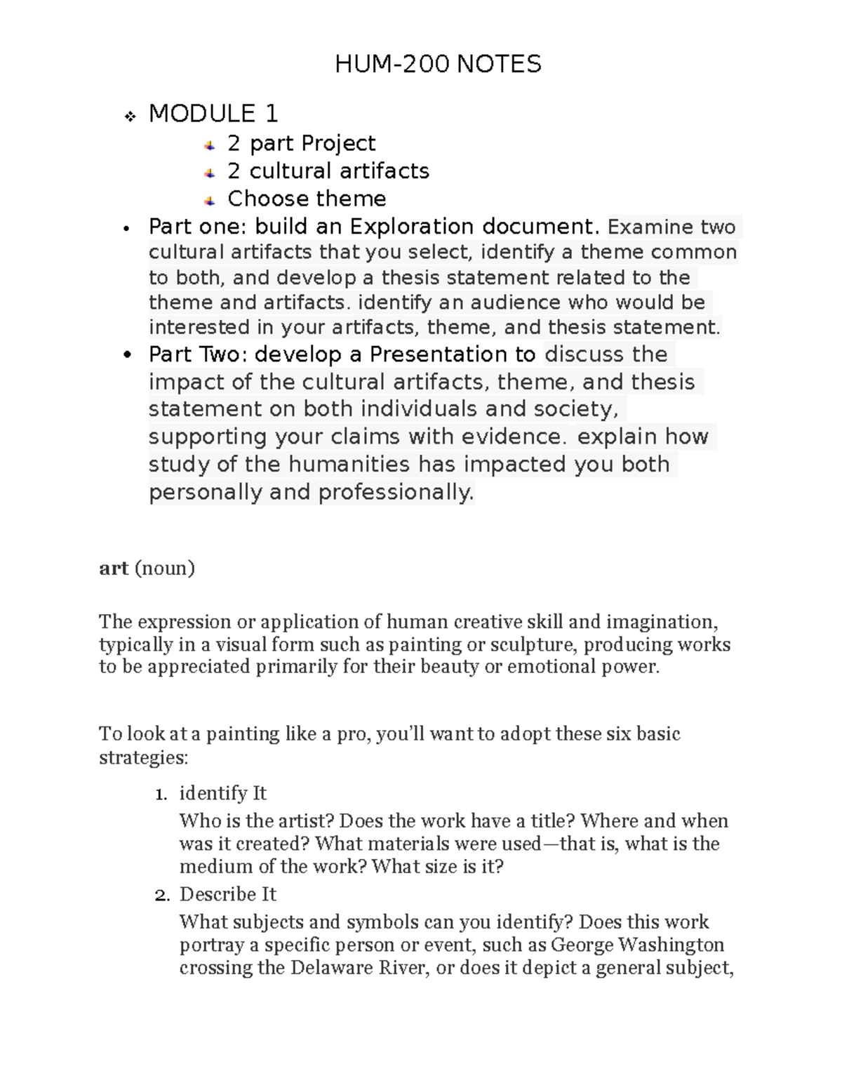 Applied Hum Notes - MODULE 1 2 part Project 2 cultural artifacts Choose ...