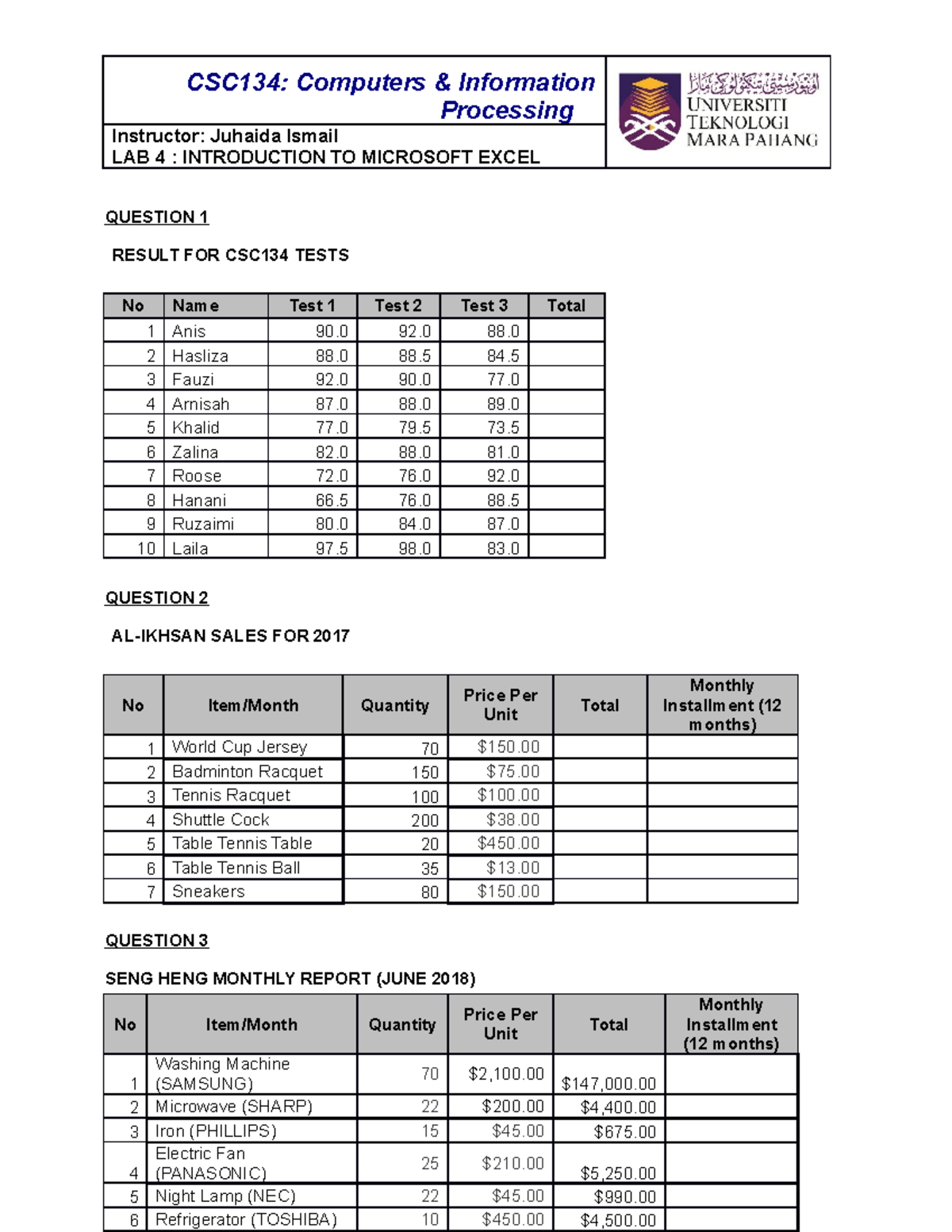 introduction of microsoft excel - CSC134: Computers & Information Processing Instructor: Juhaida ...